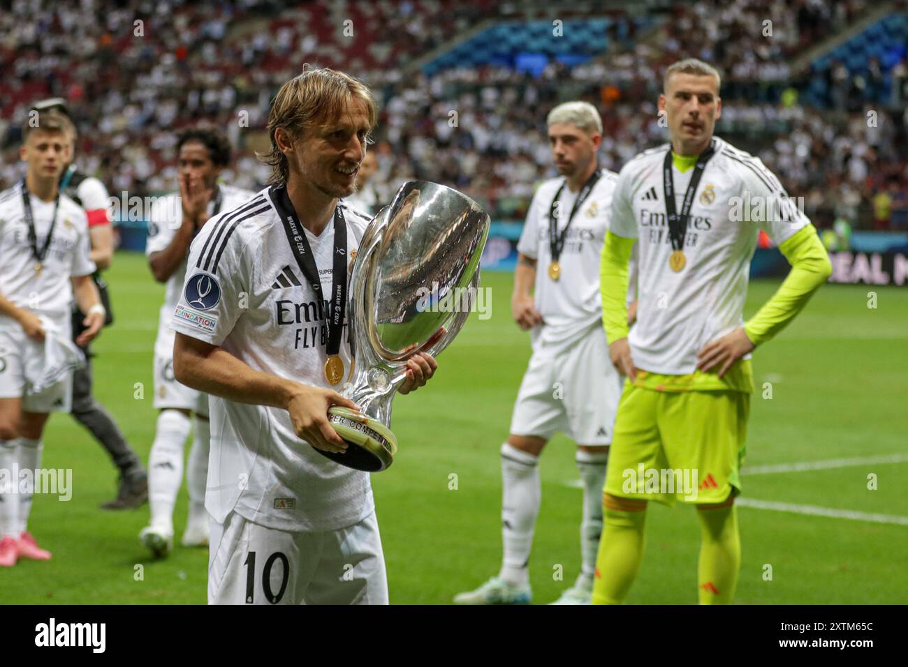 Warsaw, Poland. 14th Aug, 2024. Luka Modric of Real Madrid holds a ...