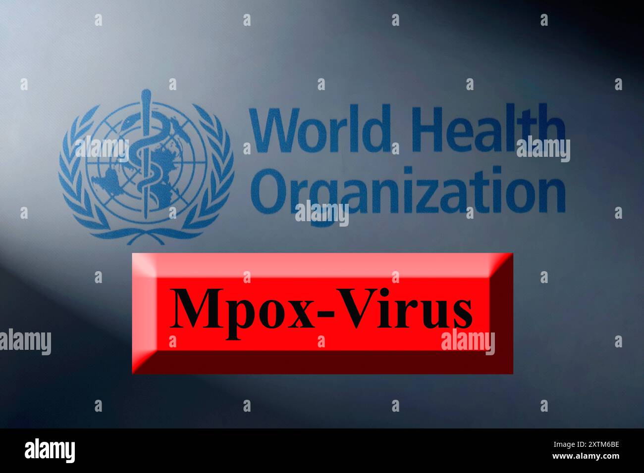 WHO und Mpox-Virus WHO und Mpox-Virus, 15.08.2024, Borkwalde, Brandenburg, Auf einem Button ...