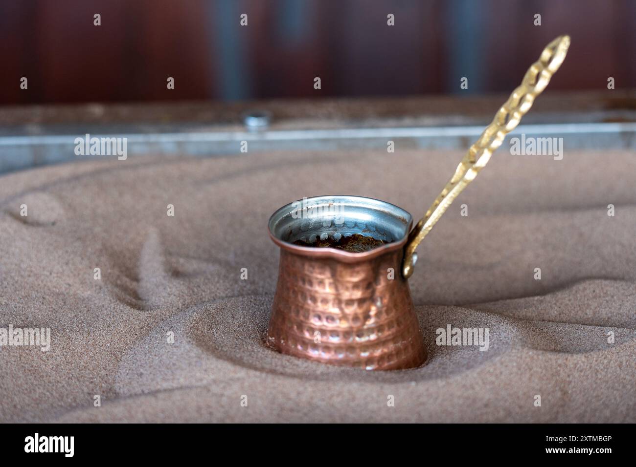 Copper Coffee Pot in the Sand: Traditional Hot Drink Preparation Stock ...