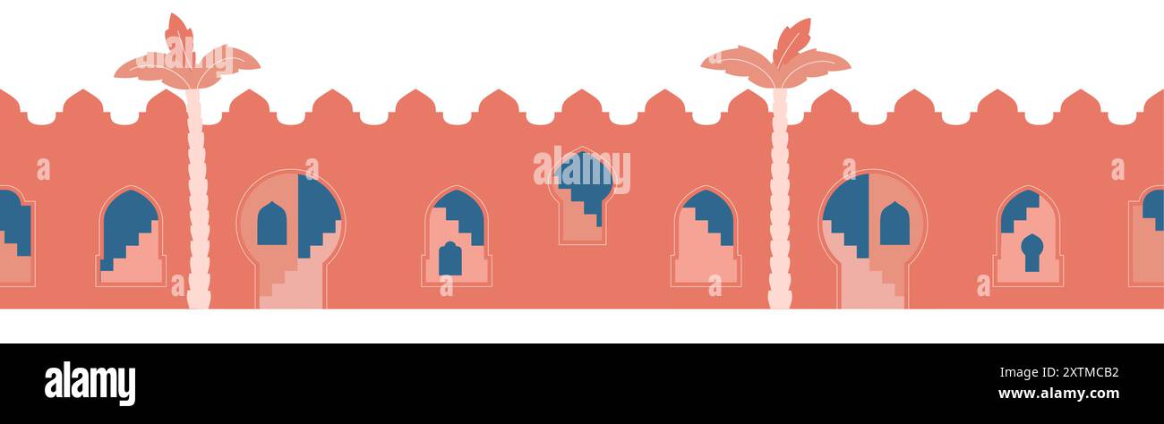 Moroccan red city wall with arch, window, gate. Arabic style landscape ...