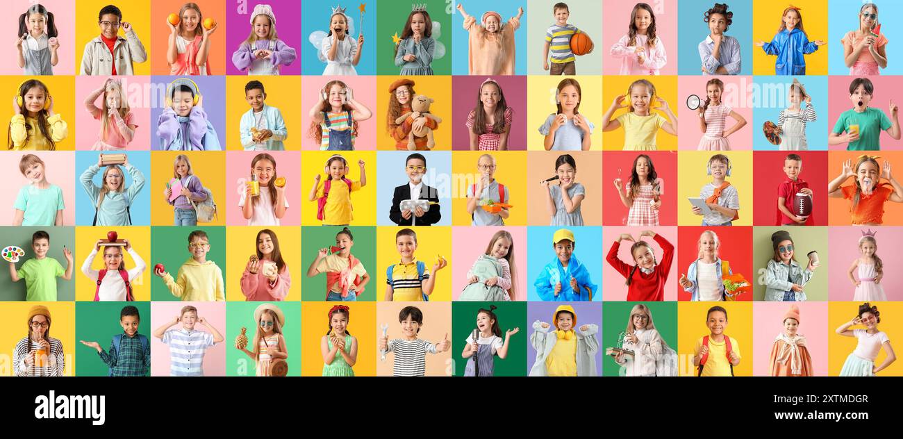 Big collage of cute little children on color backgrounds Stock Photo ...