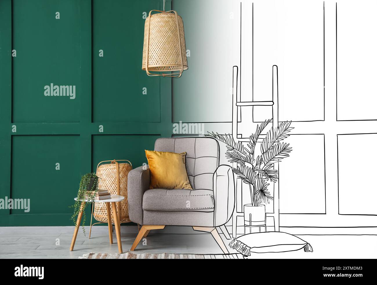 New interior of stylish living room with armchair Stock Photo - Alamy