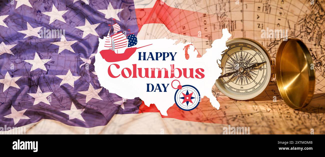 Greeting banner for Columbus Day with USA flag, map and compass Stock ...