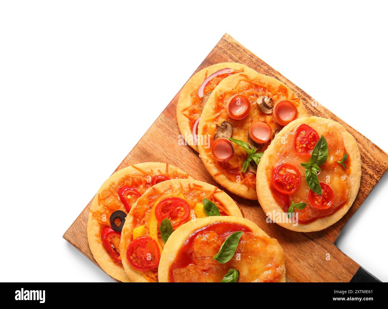 Board with different tasty mini pizzas on white background Stock Photo ...