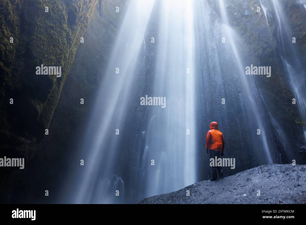 Traveller at seljalandsfoss cascade posing under water stream, river ...