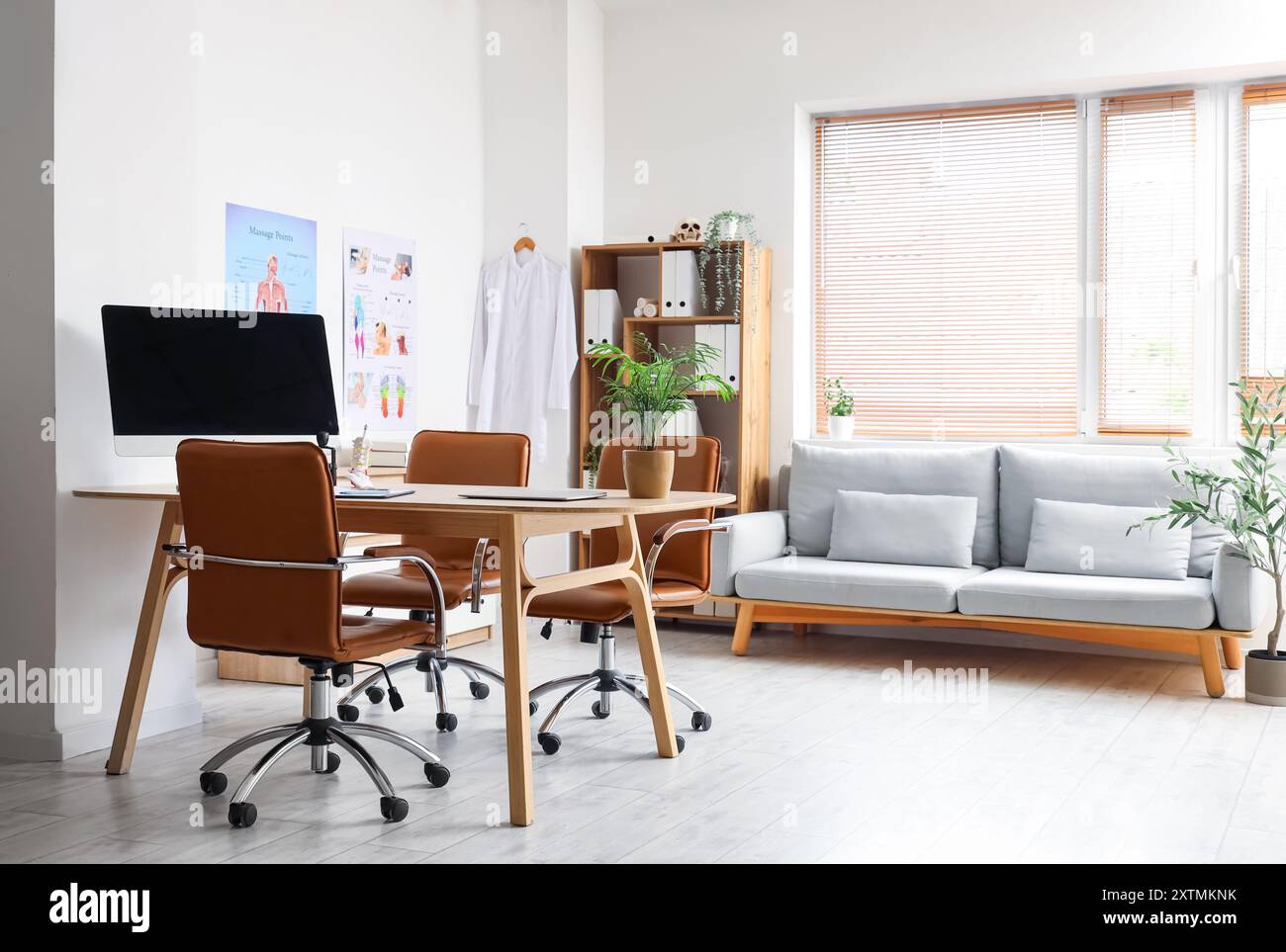 Interior of medical office with doctor's workplace, sofa and shelf unit ...