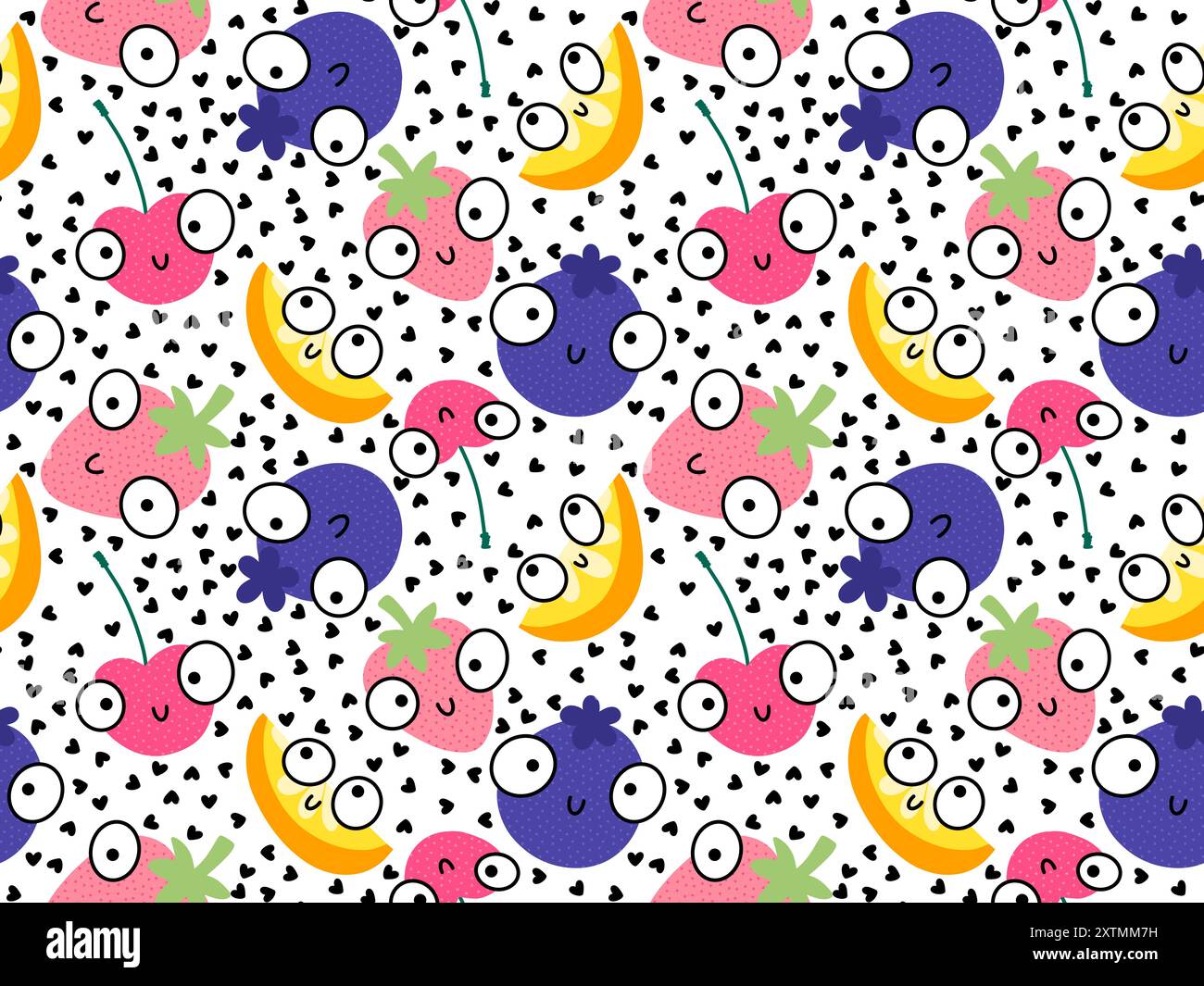 Summer cartoon line art berries seamless strawberry fruit pattern for ...
