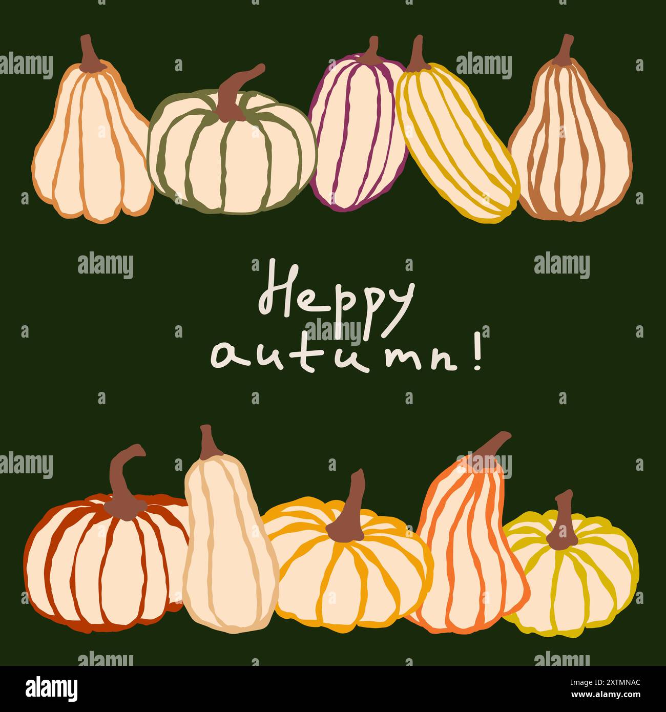 Colorful autumn pumpkins and gourds with a cheerful greeting in a ...
