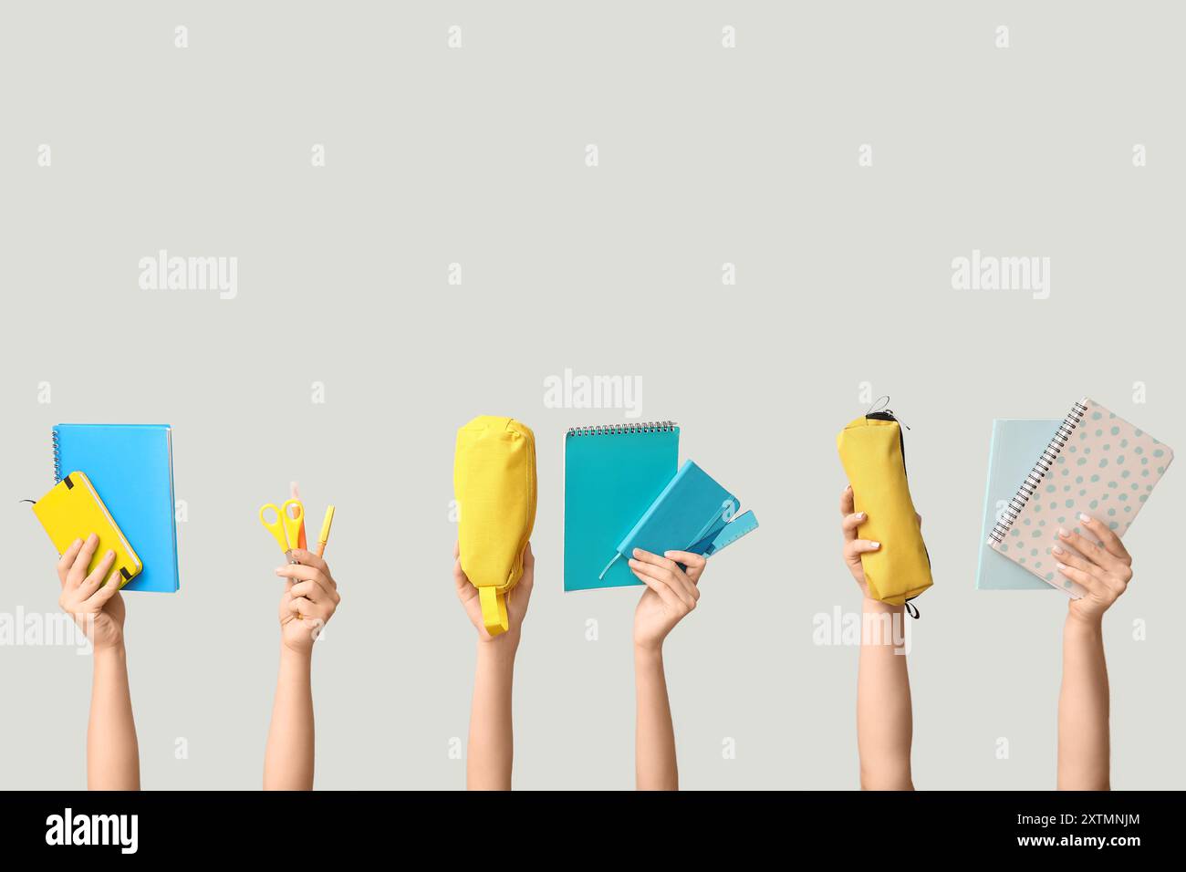 Female hands with different school supplies on white background Stock ...