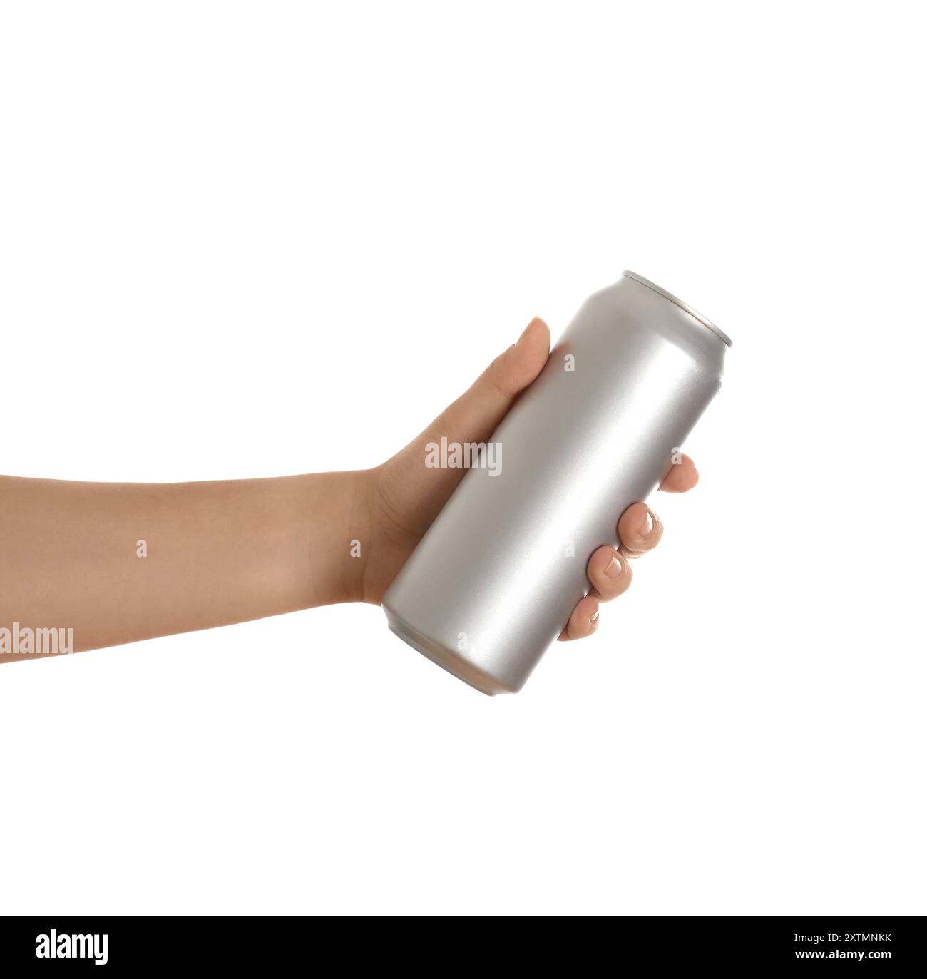Female hand with can of fresh beer on white background Stock Photo - Alamy