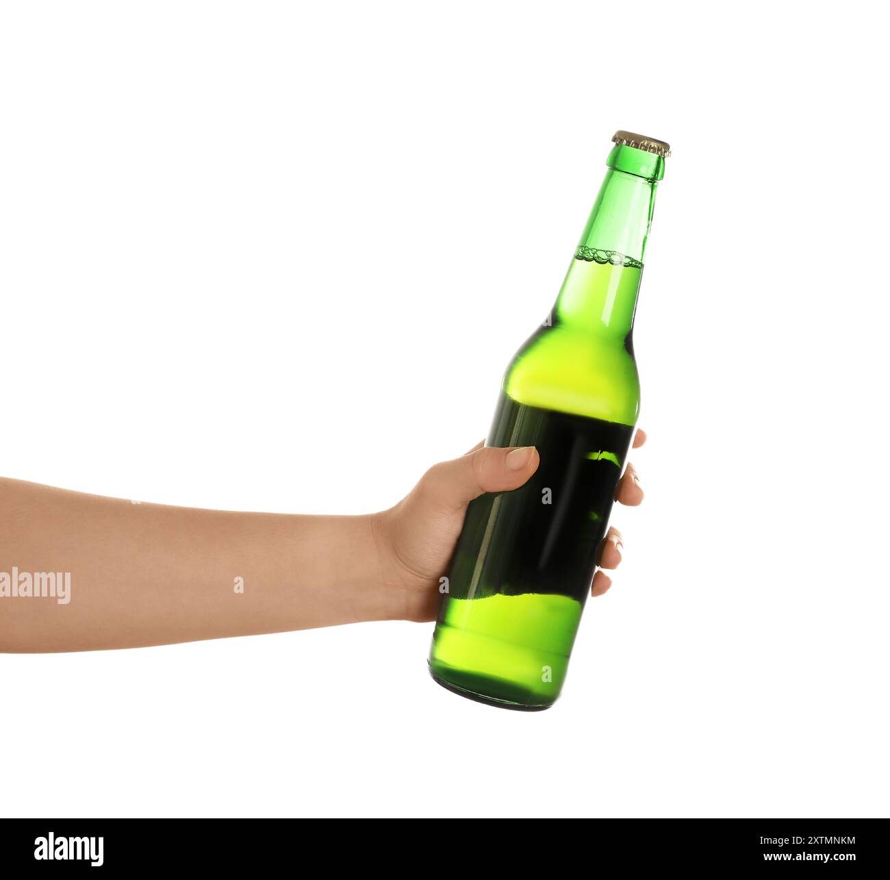 Female hand with bottle of fresh beer on white background Stock Photo ...