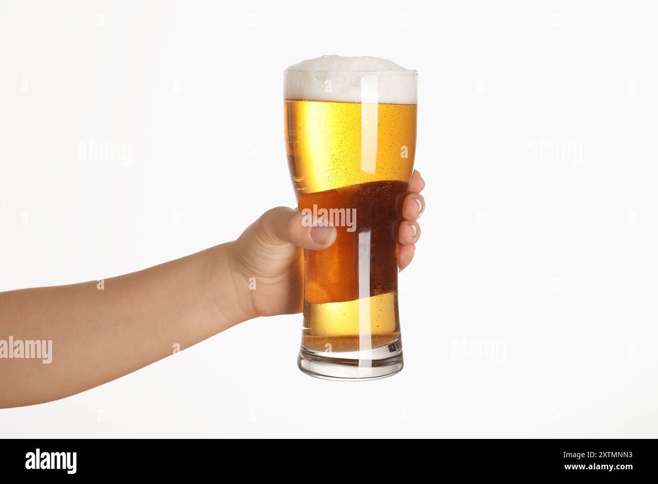 Female hand with pint of fresh beer on white background Stock Photo - Alamy