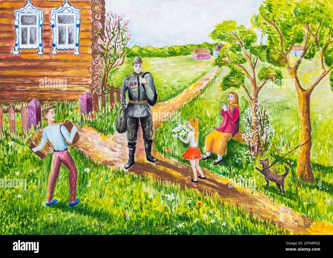 Drawing of a soldier comming home after war Stock Photo - Alamy