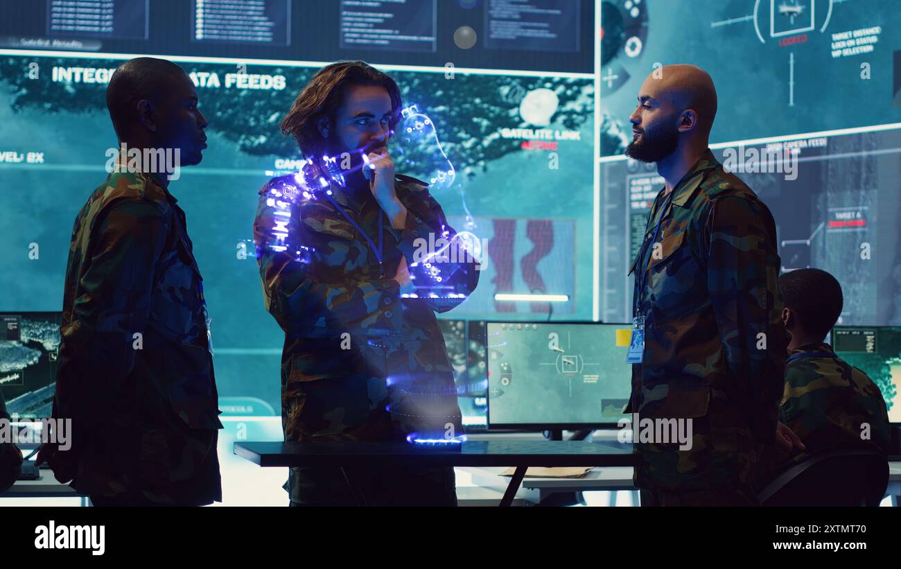 Air force dispatchers looking at AR hologram of surveillance ...