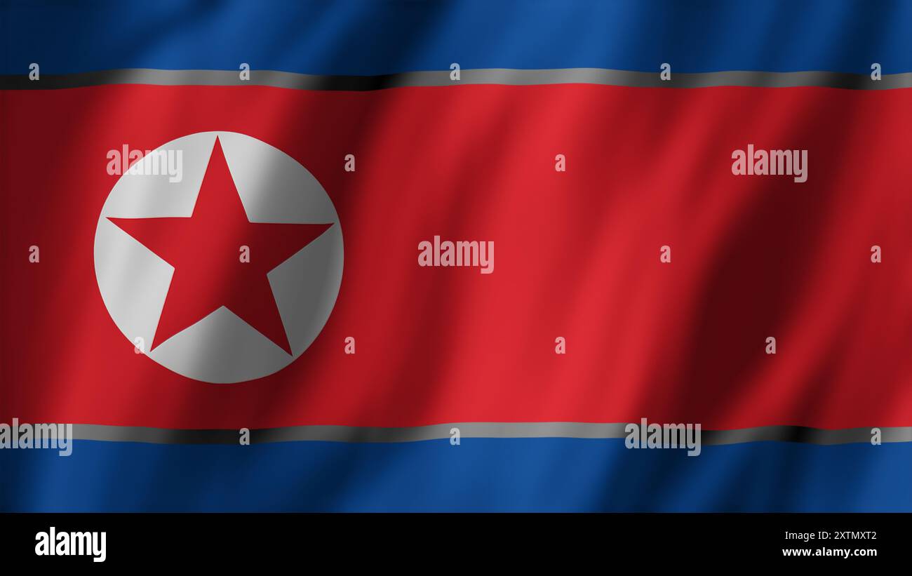 North Korean national flag featuring blue and white stripes and red ...