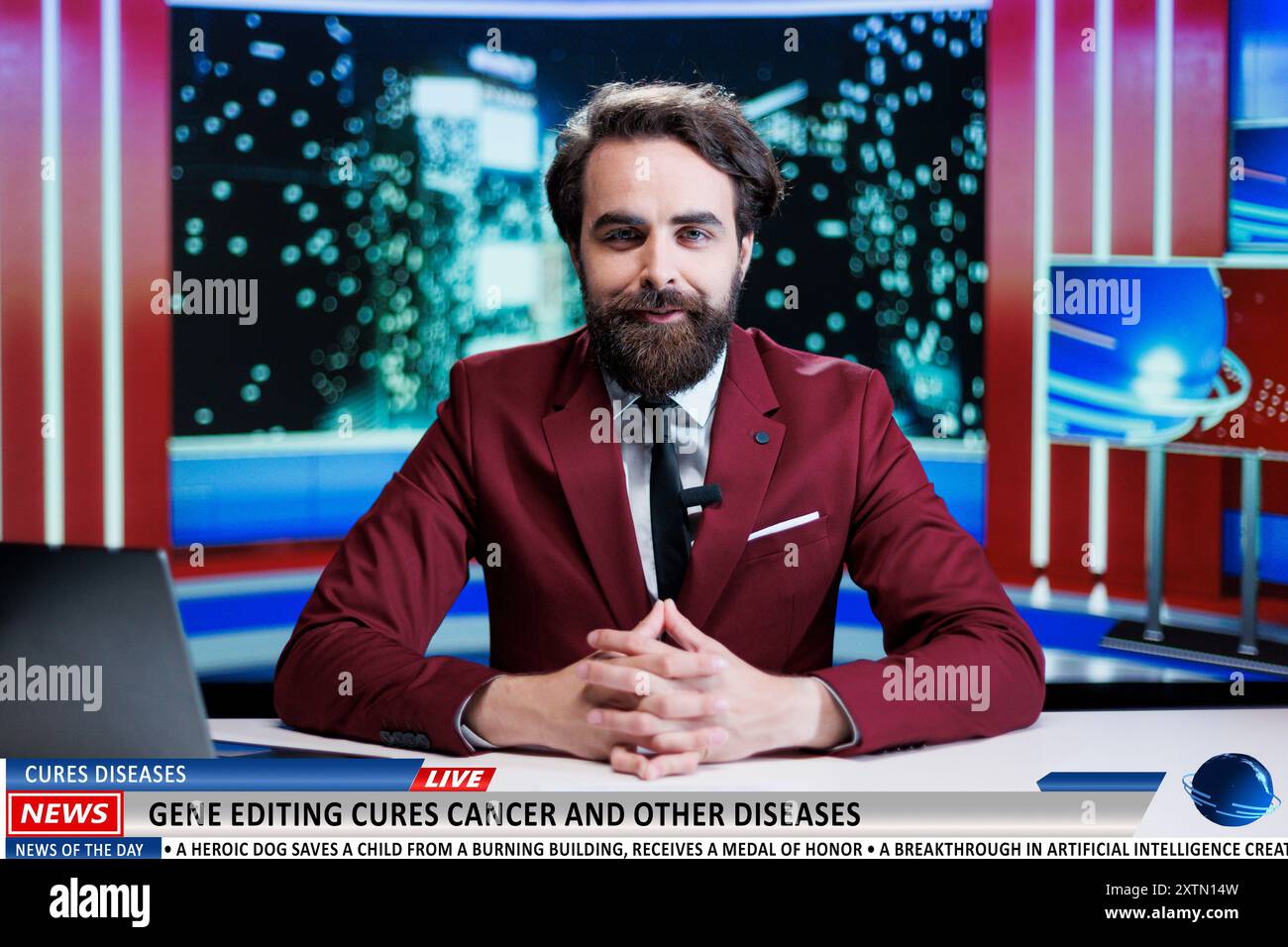 News reportage about gene curing disease, male presenter addressing new ...
