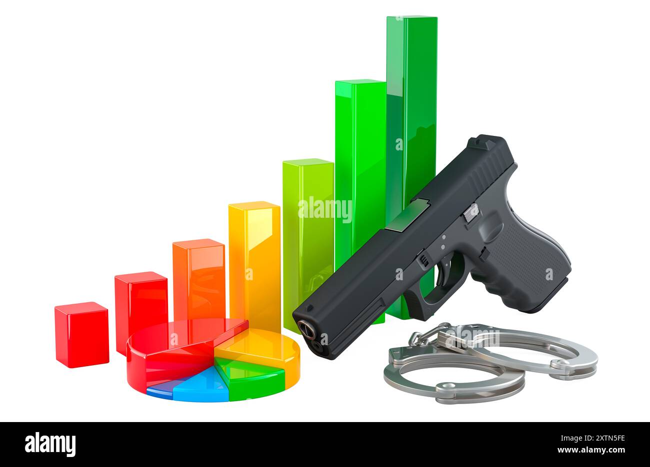 Crime statistics, concept. Handcuffs and gun with growth bar graph and ...