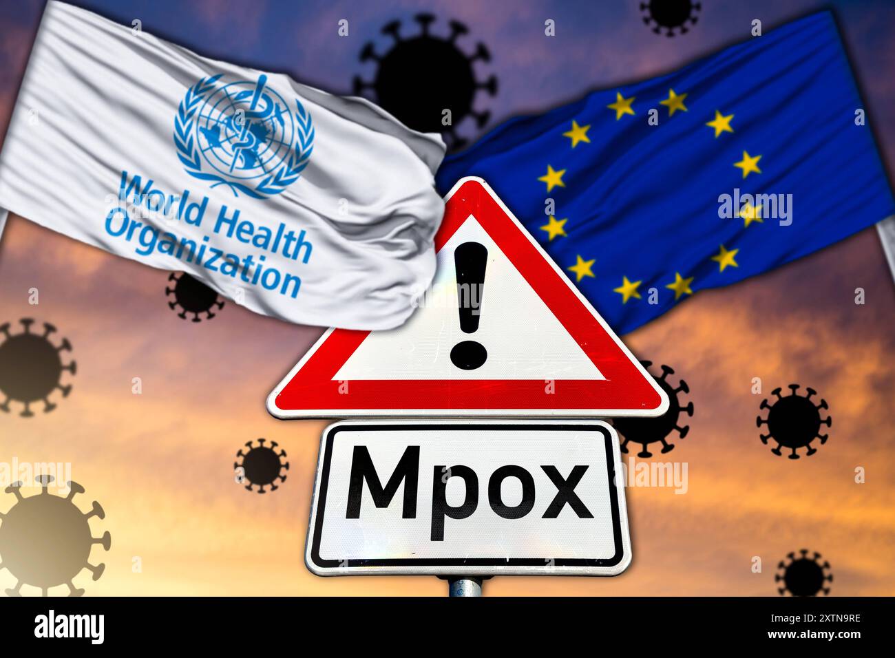 15 August 2024: Mpox - Warning sign in front of a dark sky with virus ...