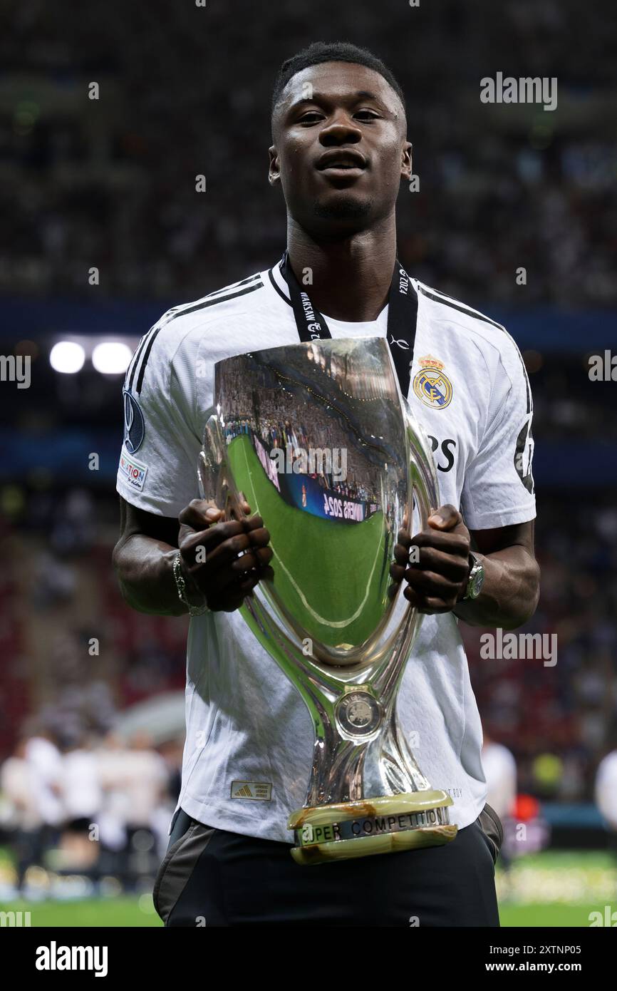 Warsaw, Poland. 14 August 2024. Eduardo Camavinga of Real Madrid CF ...