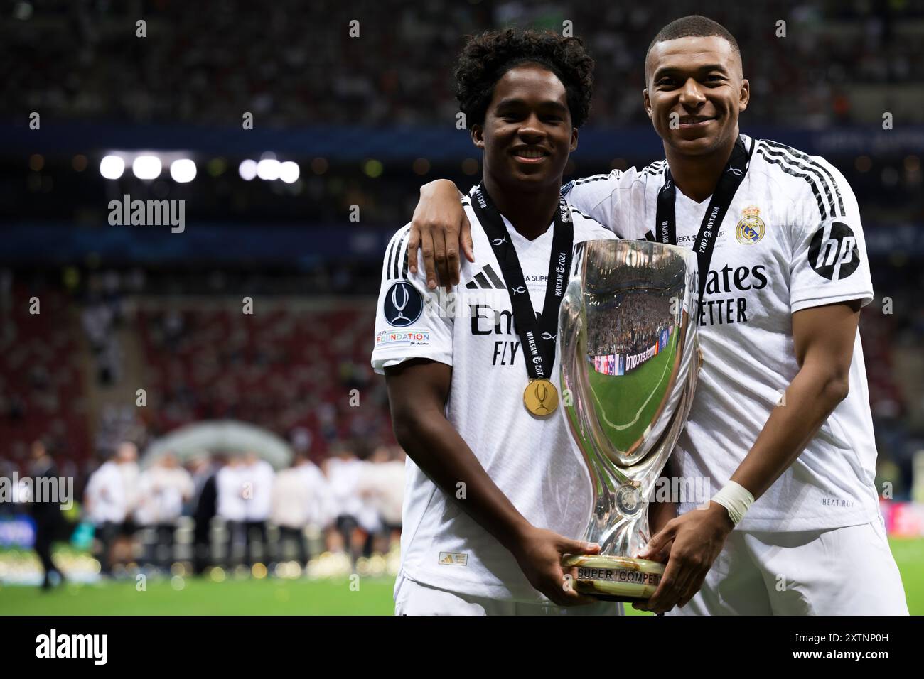 Warsaw, Poland. 14 August 2024. Endrick oand Kylian Mbappe of Real Madrid CF pose with the ...