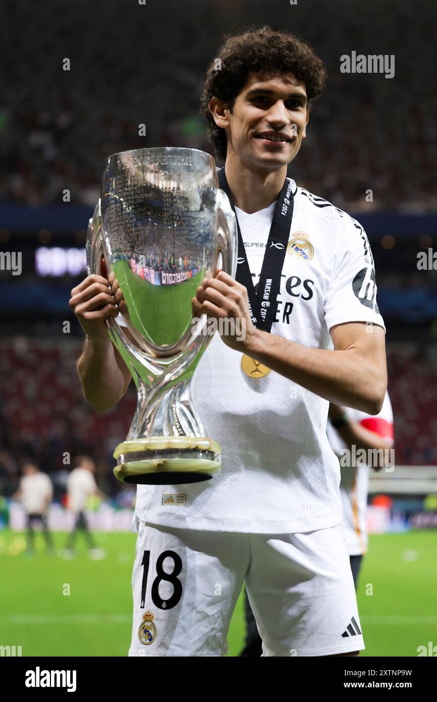 Warsaw, Poland. 14 August 2024. Jesus Vallejo of Real Madrid CF poses ...