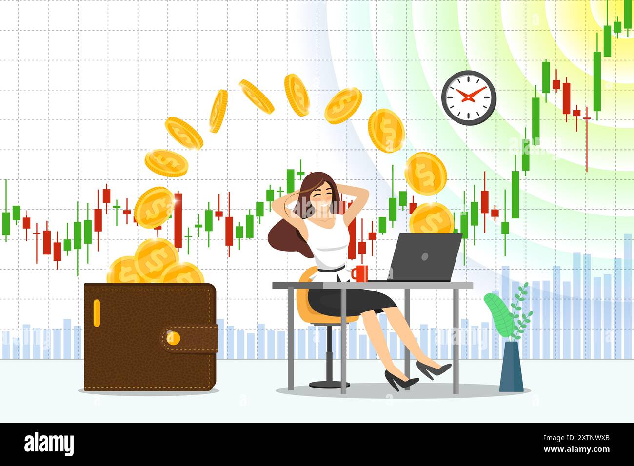 Successful businesswoman trader get money on backdrop of rising stock ...