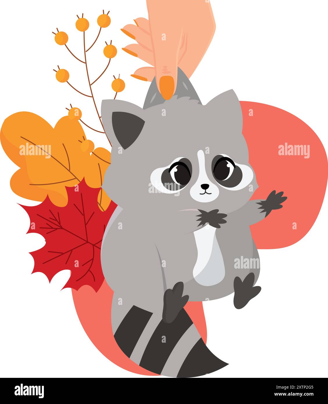 Hand holding cute autumn racoon with leaves, Vector Stock Vector Image ...