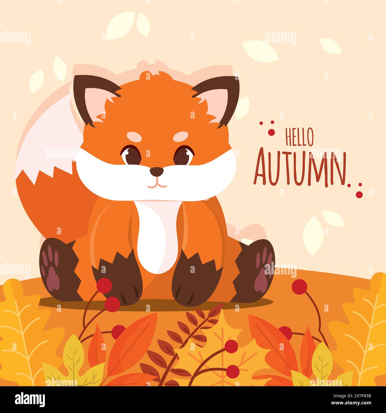 Cute fox with autumn leaves and text Hello Autumn, Vector Stock Vector ...