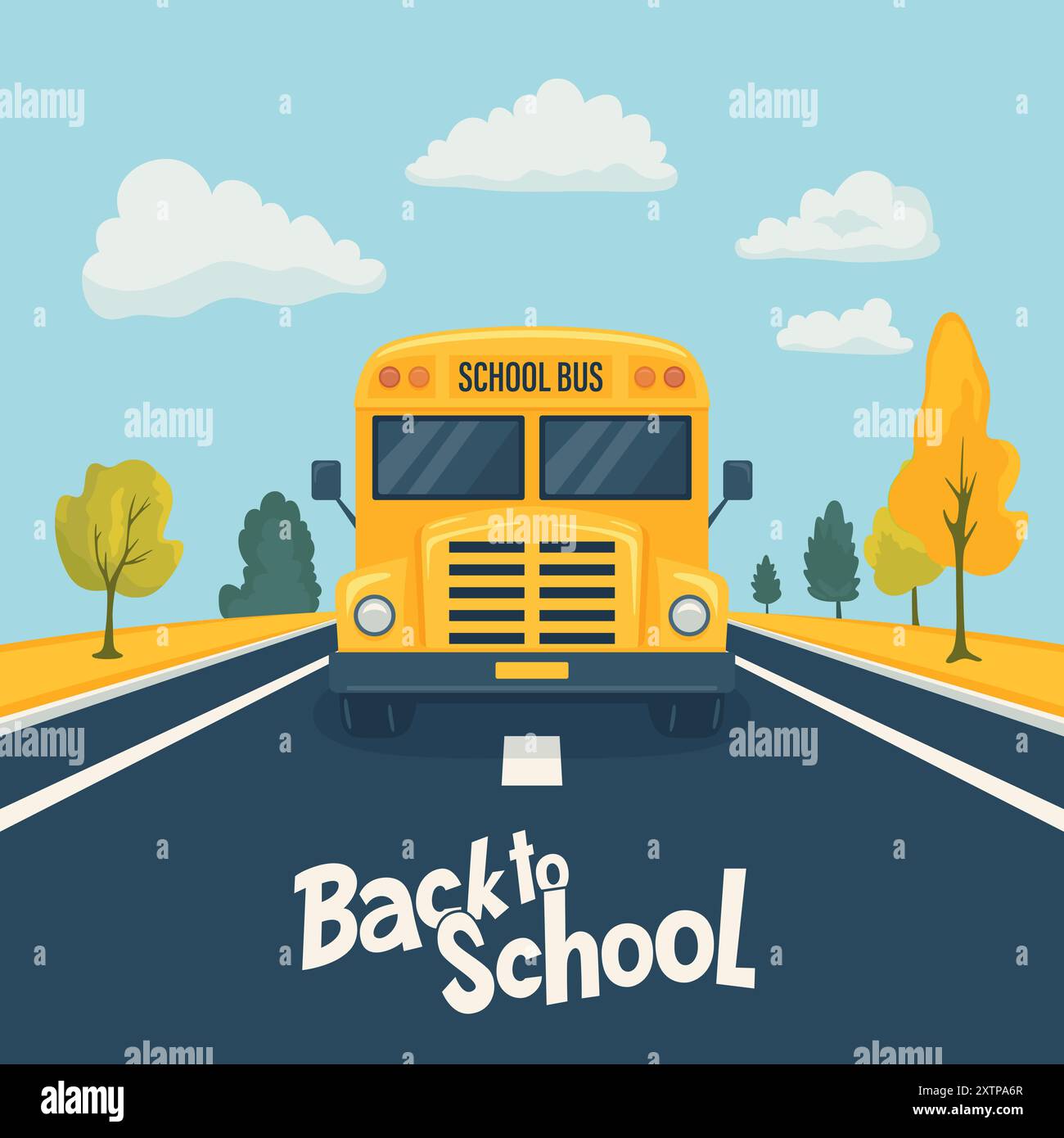 Cartoon School Bus Driving on Road, Front View. Back to School Concept ...
