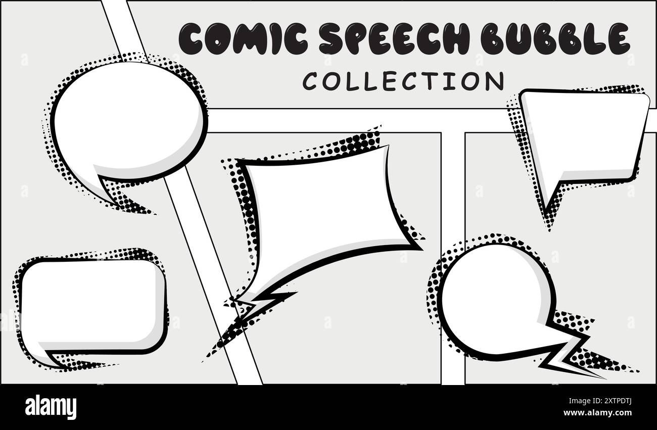 Monochrome comic speech bubble collection with halftone effects Stock ...