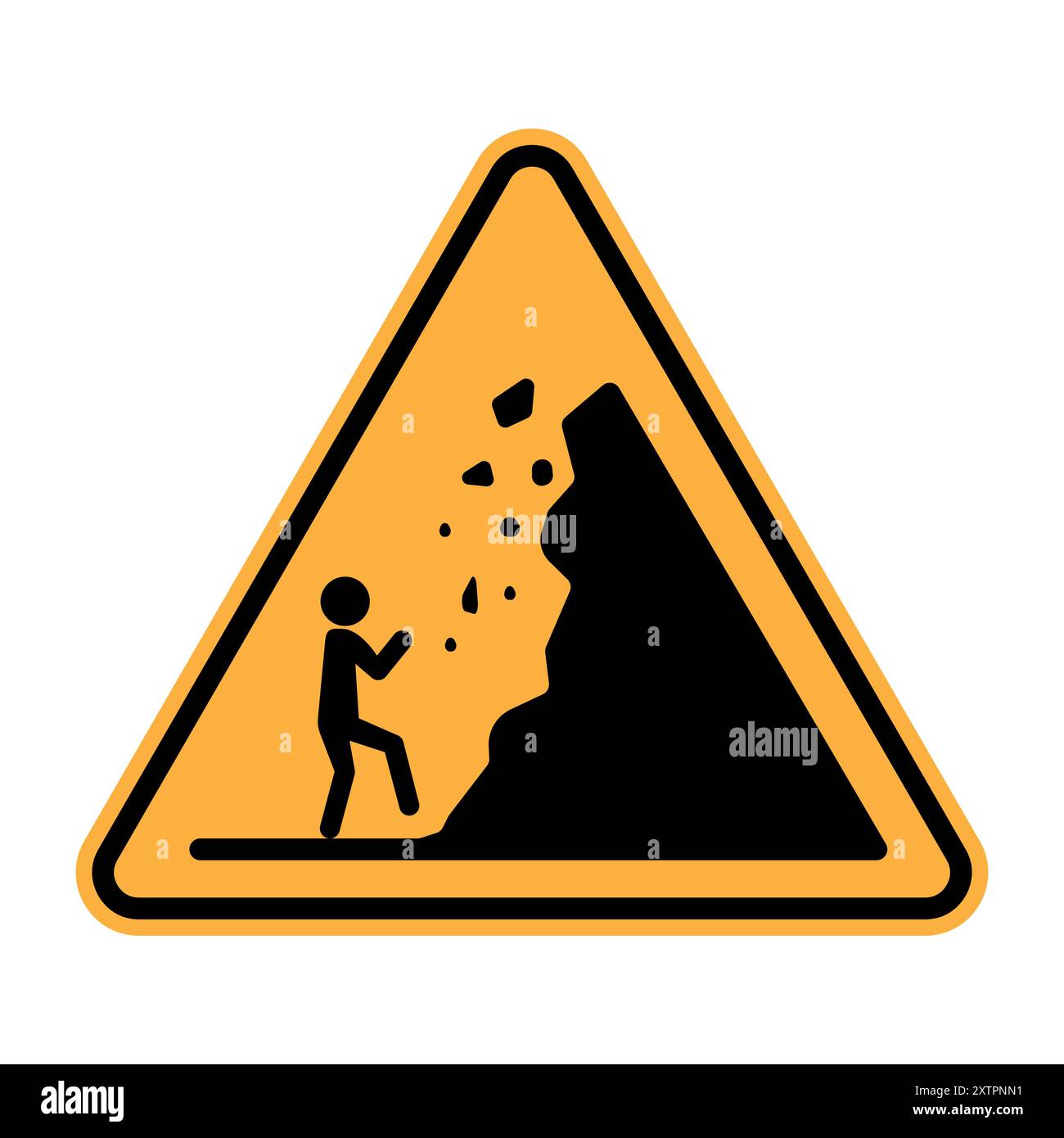 Falling rock warning. Yellow triangular sign. Danger mountain symbol ...
