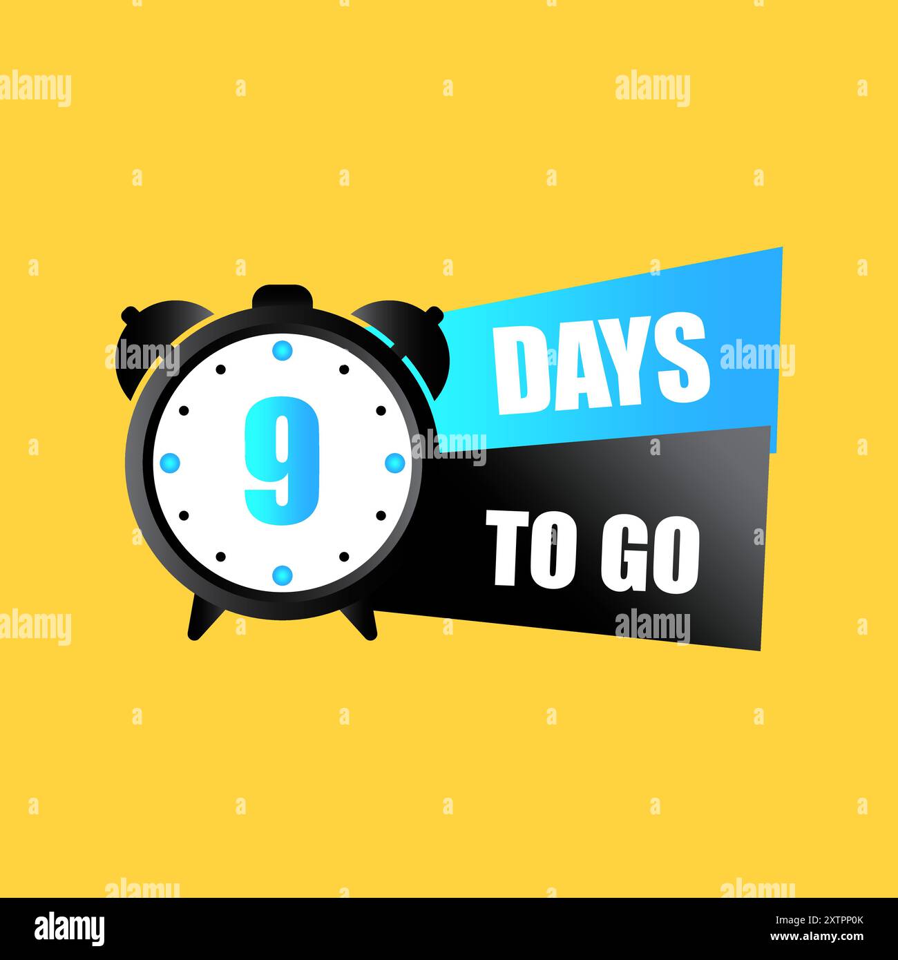 Countdown timer illustration. Number nine focus. Bold 9 days to go text. Bright yellow ...