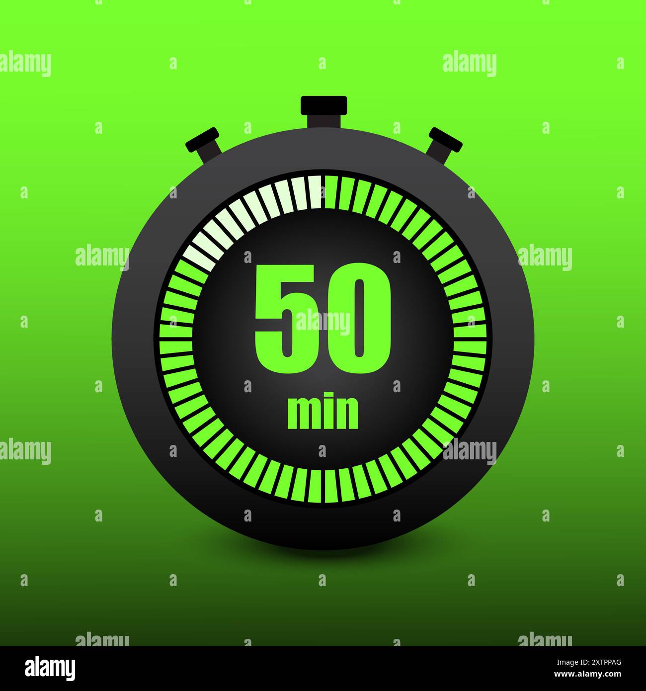 Green stopwatch icon. Fifty minutes display. 50 minutes. Black ...