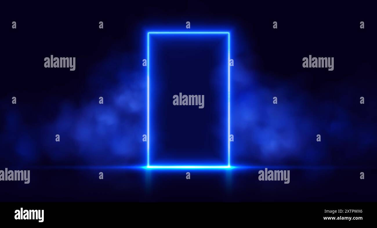 Neon door with smoke, blue glowing portal, futuristic arch gate, magic ...