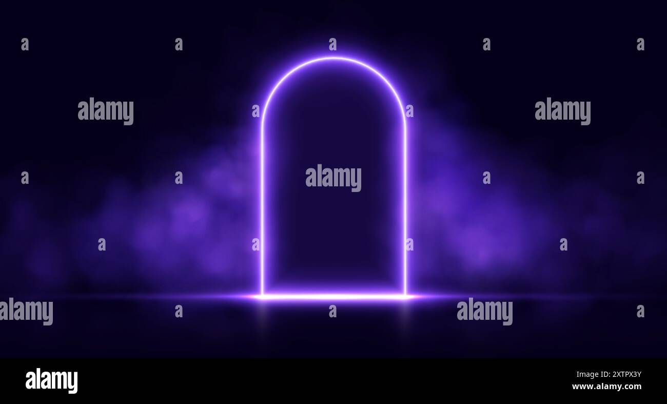 Neon door with smoke, purple glowing portal, futuristic arch gate ...
