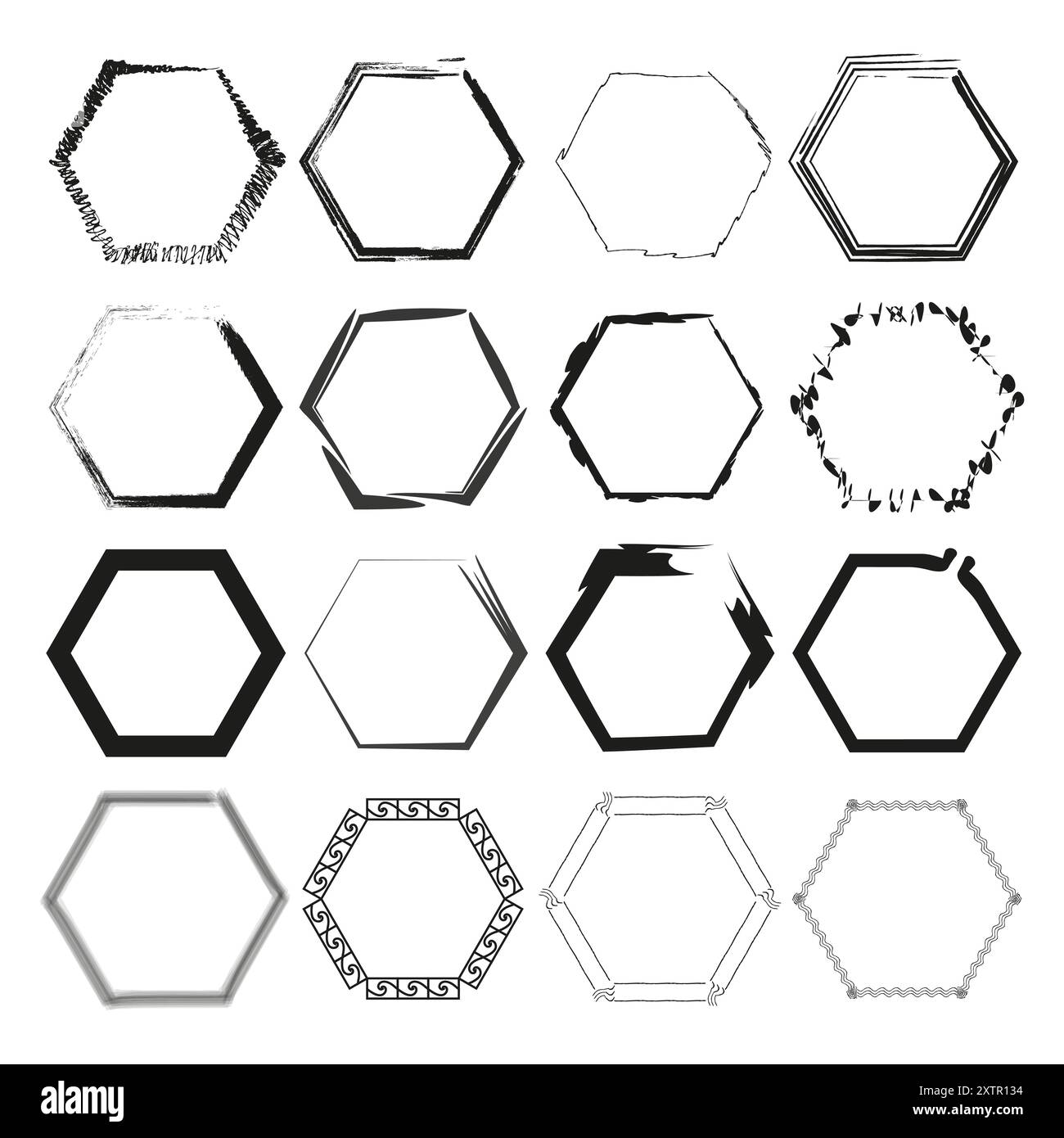 Set of hexagon frames. Various decorative hexagon borders. Black and white abstract vector art ...