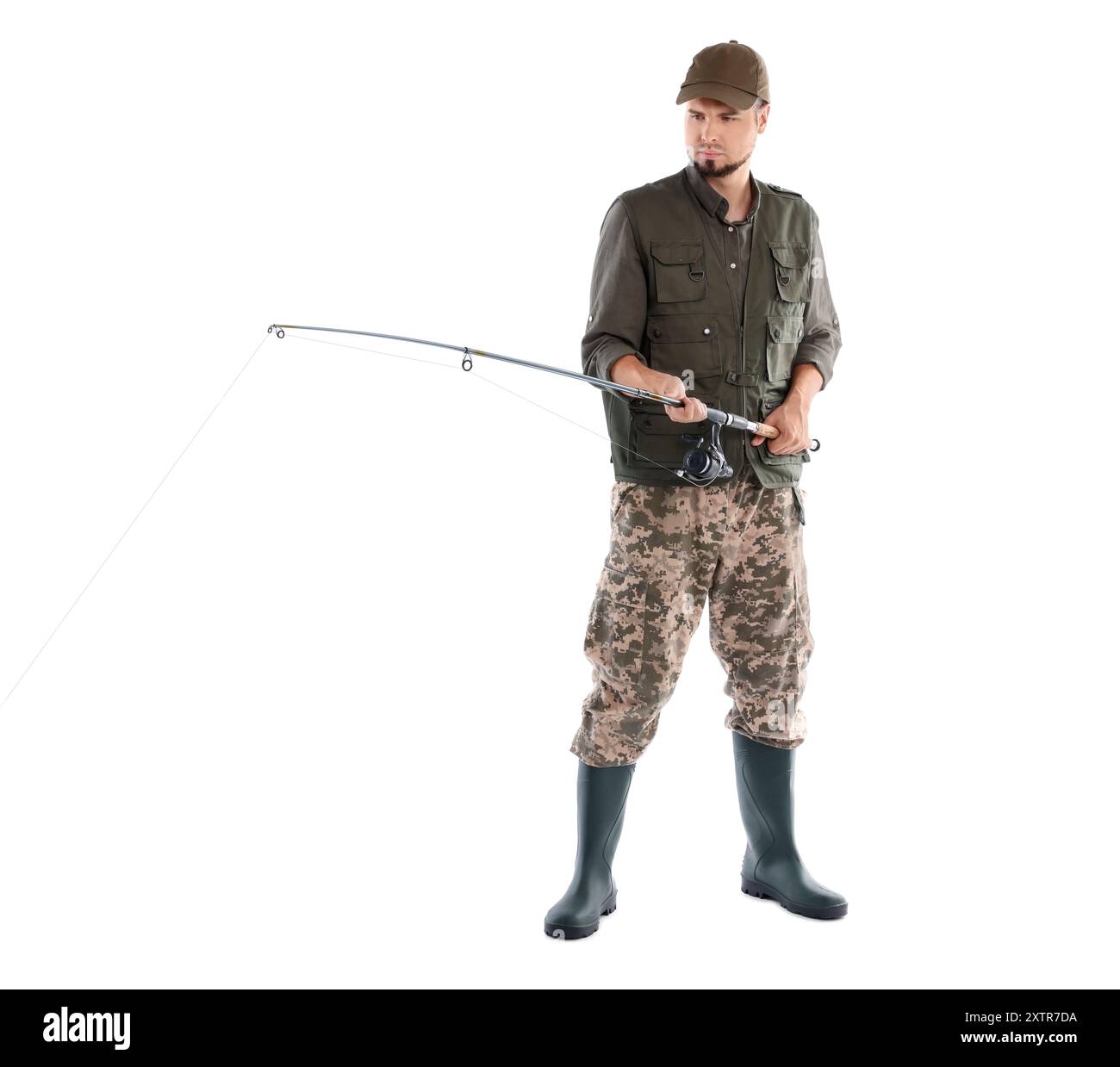 Fisherman with rod fishing on white background Stock Photo - Alamy