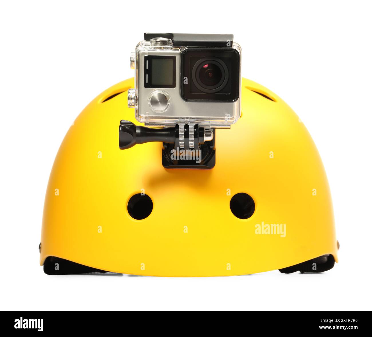 Modern action camera on helmet against white background Stock Photo - Alamy