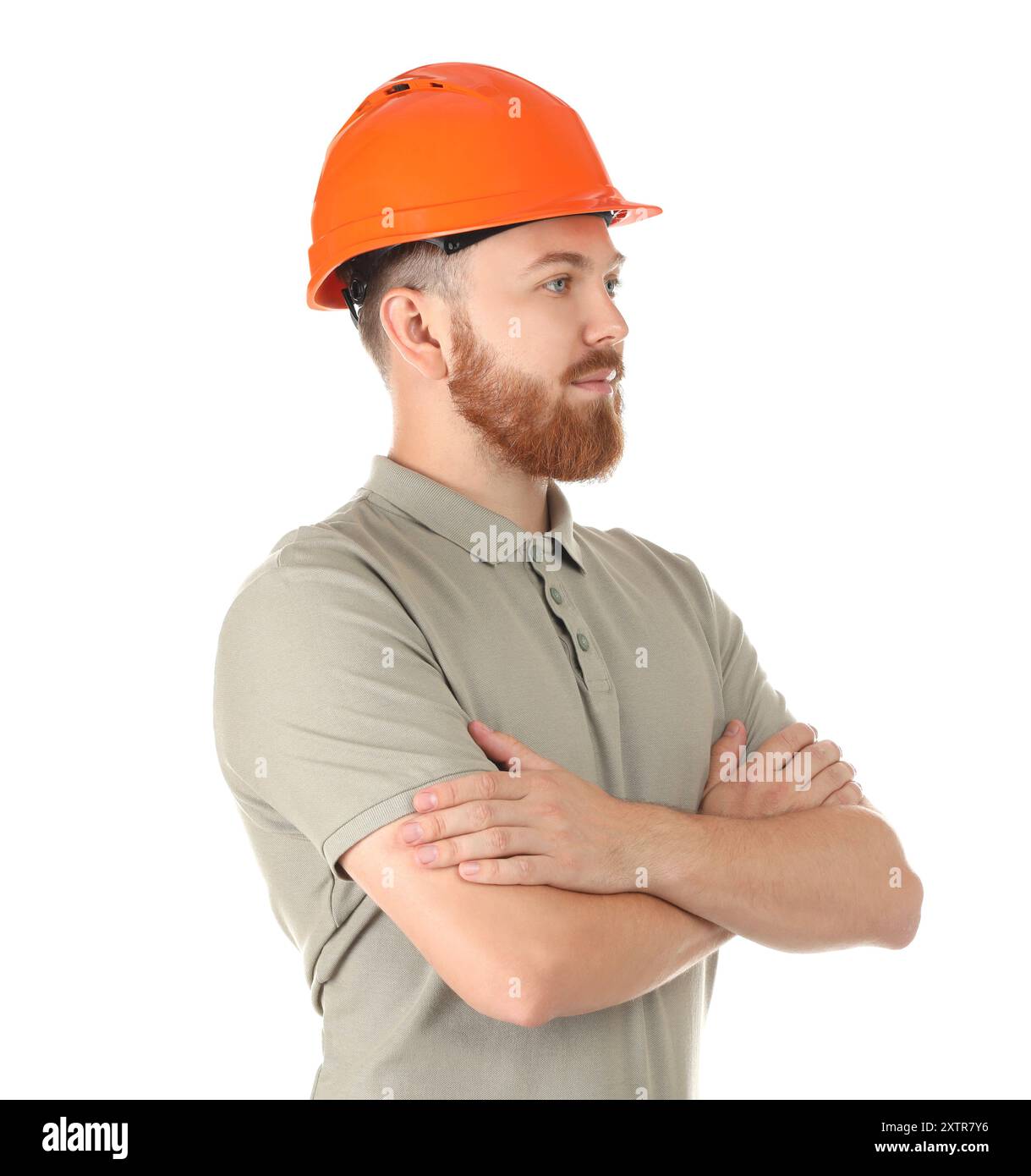 Engineer in hard hat on white background Stock Photo - Alamy