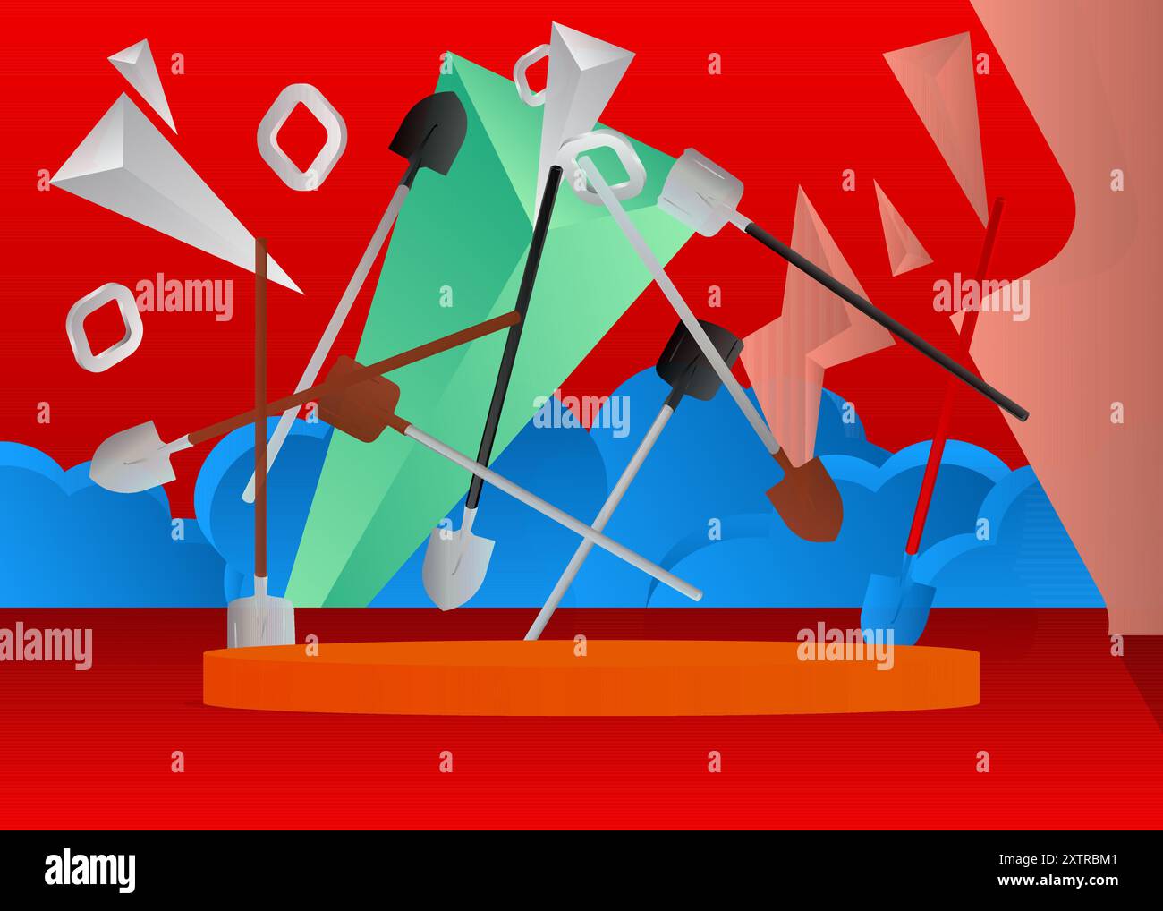 Mockup product display with Spade and Shovel. Vector cylinder pedestal ...