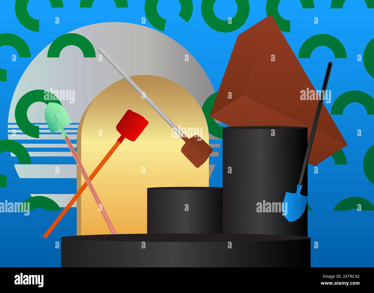 Mockup product display with Spade and Shovel. Vector cylinder pedestal ...