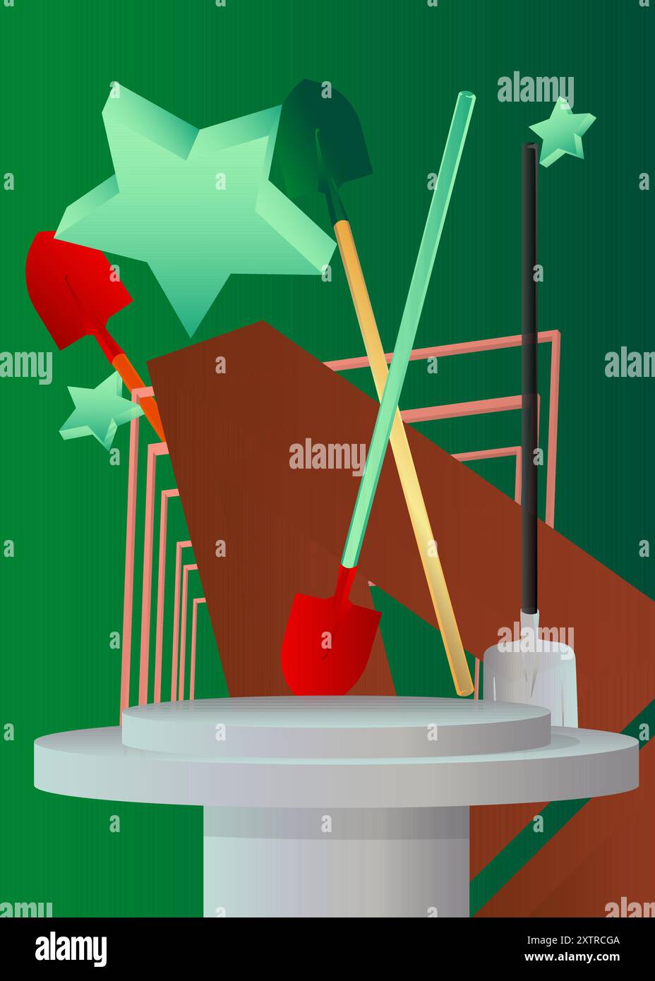 Mockup product display with Spade and Shovel. Vector cylinder pedestal ...