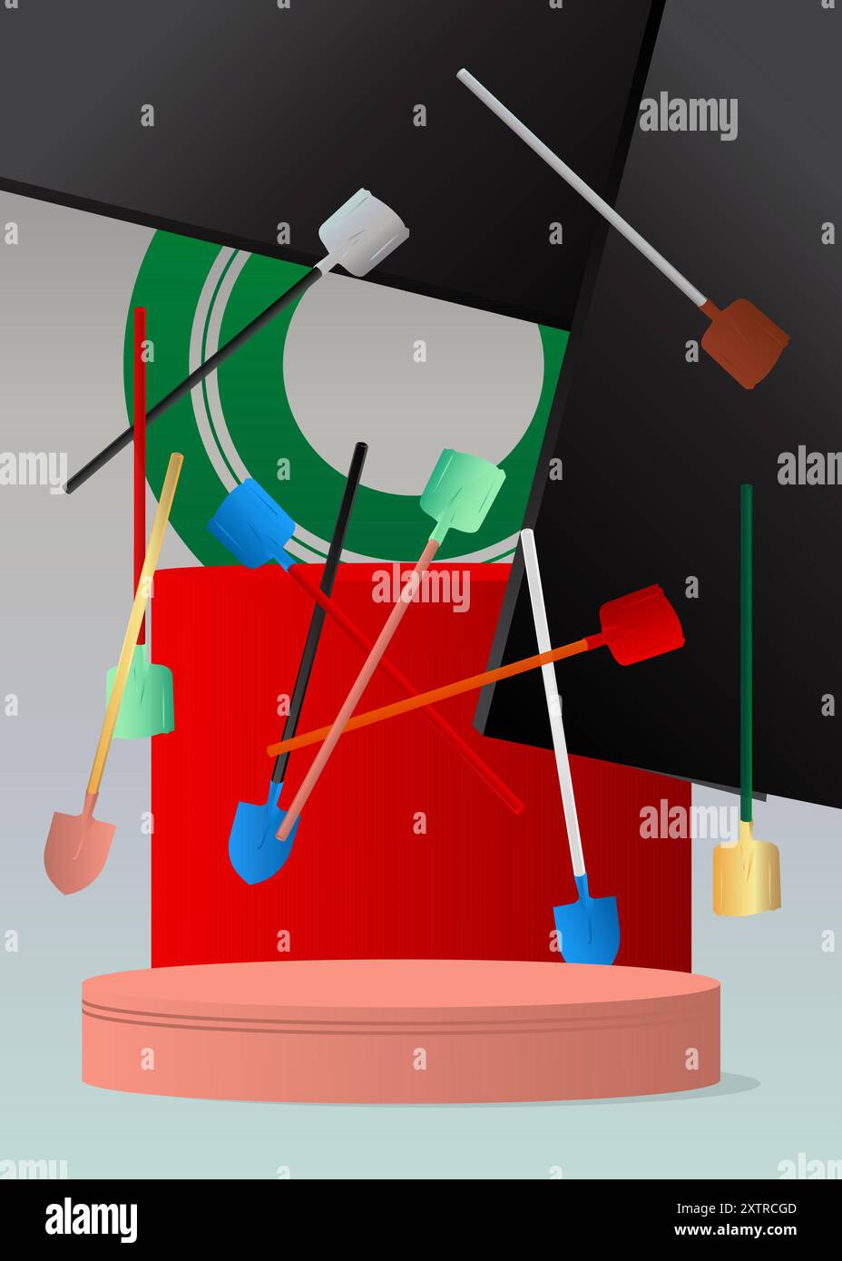 Mockup product display with Spade and Shovel. Vector cylinder pedestal ...