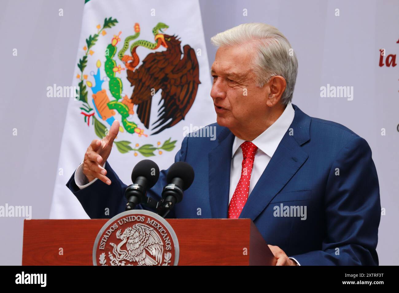 Mexican President, Andres Manuel Lopez Obrador speaking during the flag ...