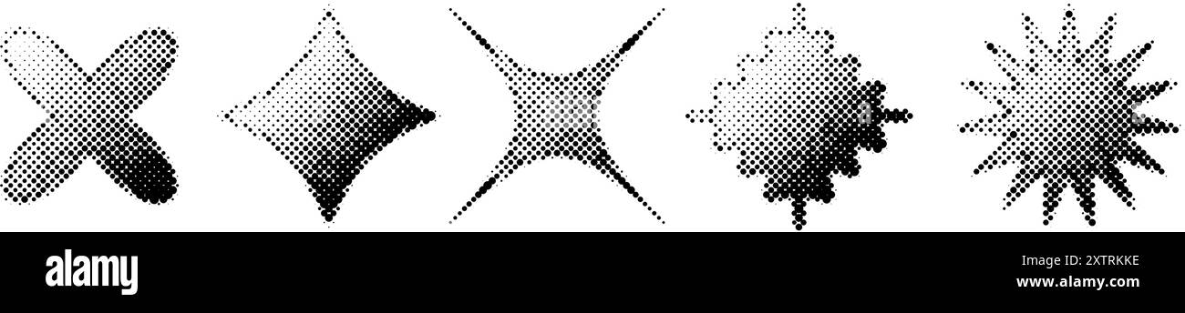 Halftone grain gradient star set. Dotted grunge geometric shape ...