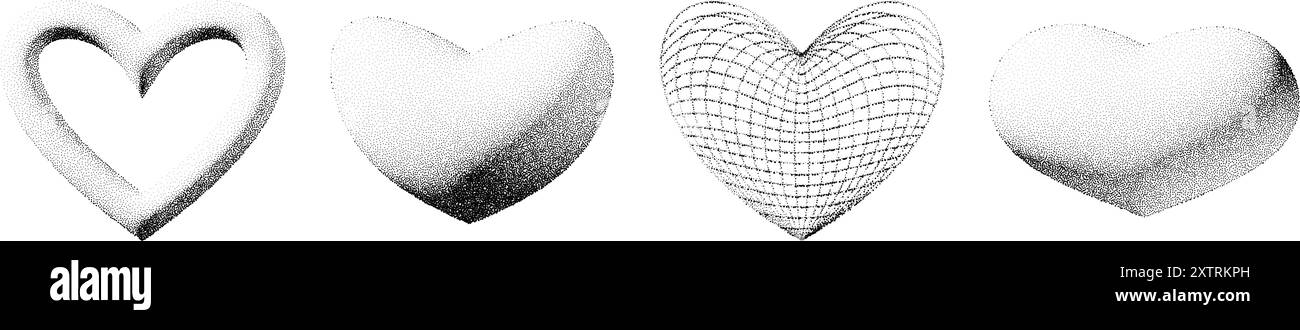 Dotted 3d heart shape collection. Black stippled gradient heart set ...