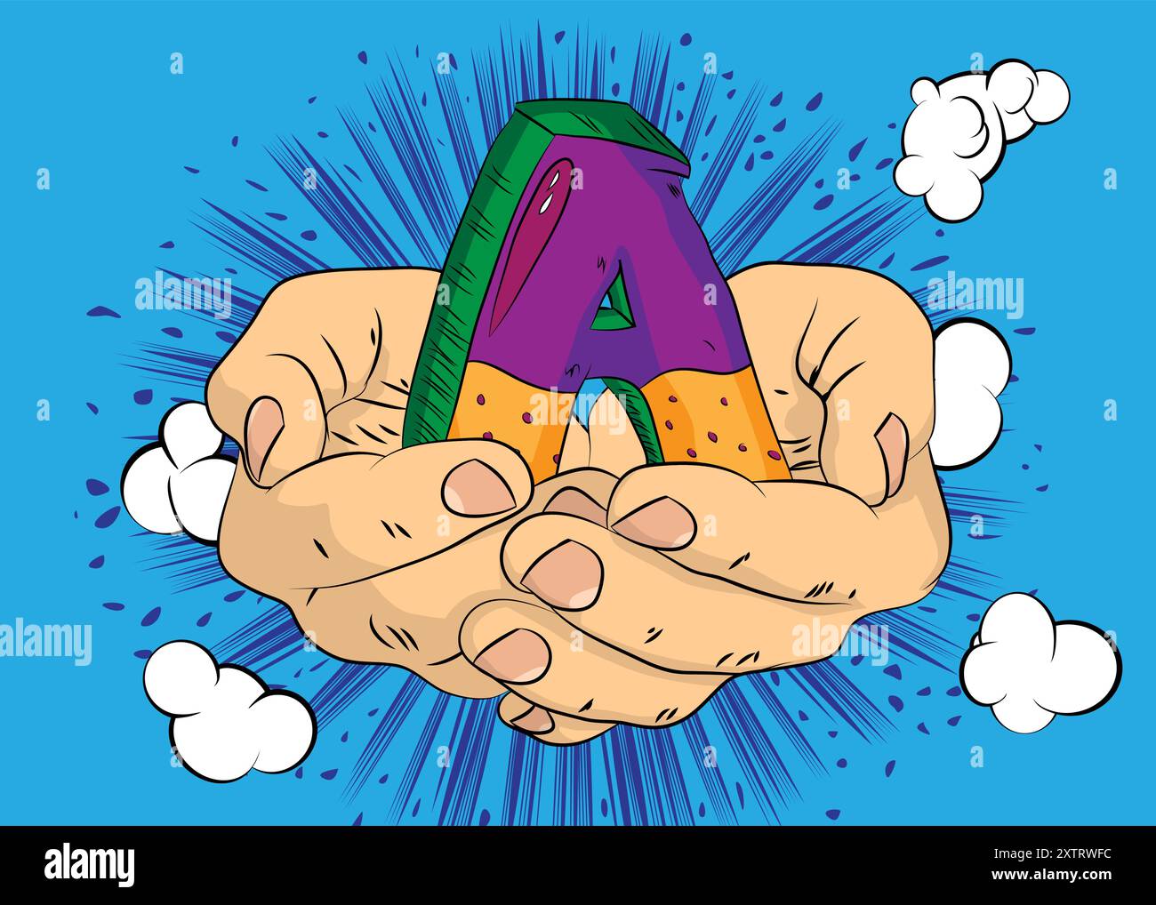 Cartoon, comic book human hands holding letter A. Retro vector comics ...
