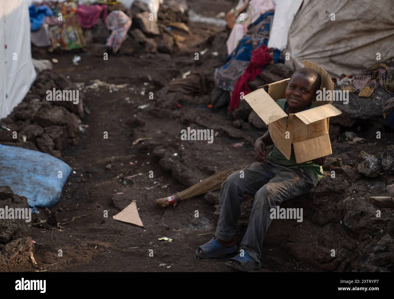A child plays in the Bulengo refugee camp in Goma, Congo, after the ...