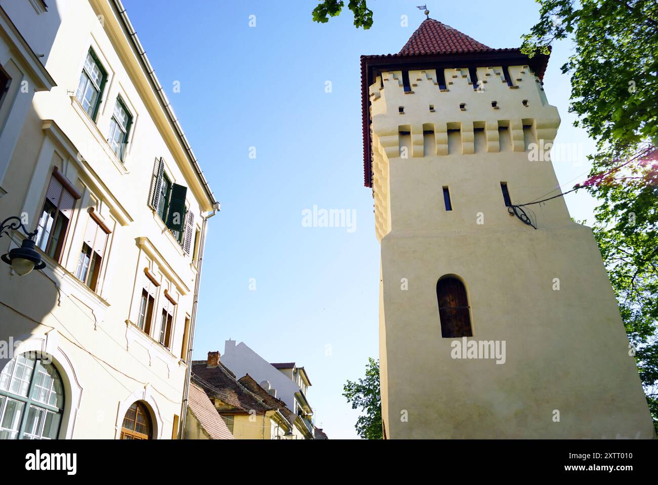 Detail of the old fortress of Sibiu, Romania: view from the bottom up ...