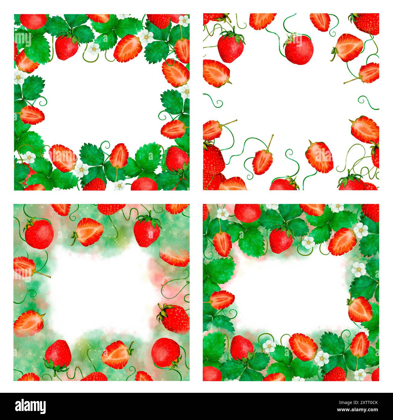 A set of four vibrant strawberry frames with green leaves, ideal for ...